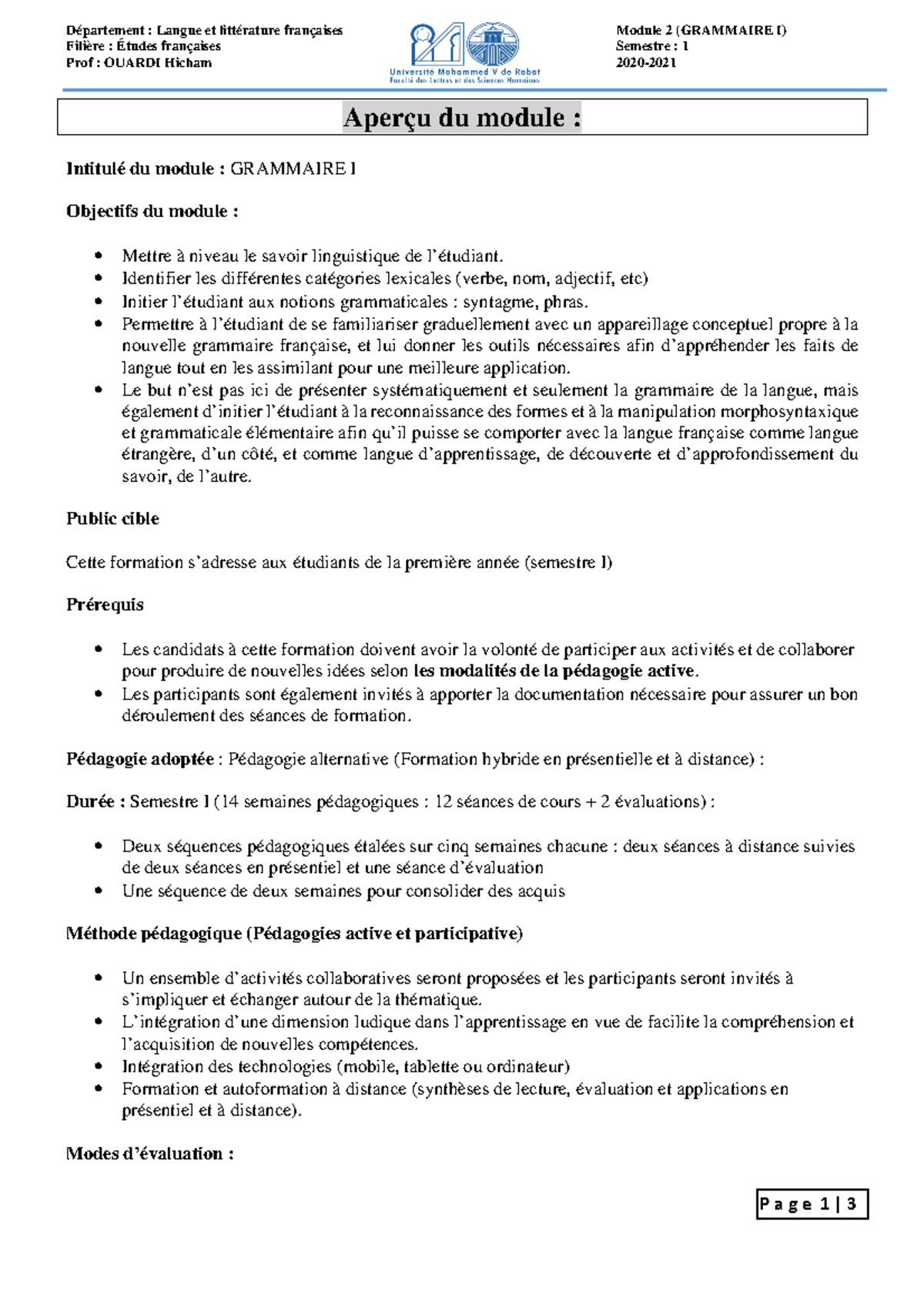 Présentation du cours M1 Grammaire I S1 2020 2021 - Département ...