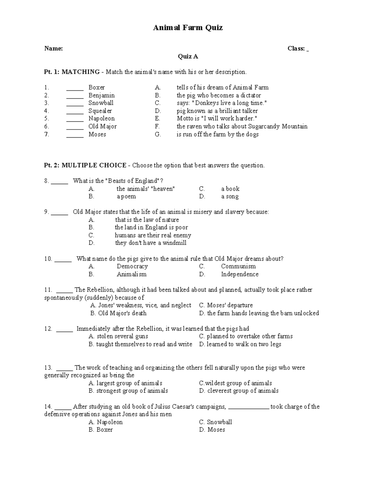 Animal Farm Book Quiz Test-1 - Name: Class: Quiz A Pt. 1: MATCHING ...