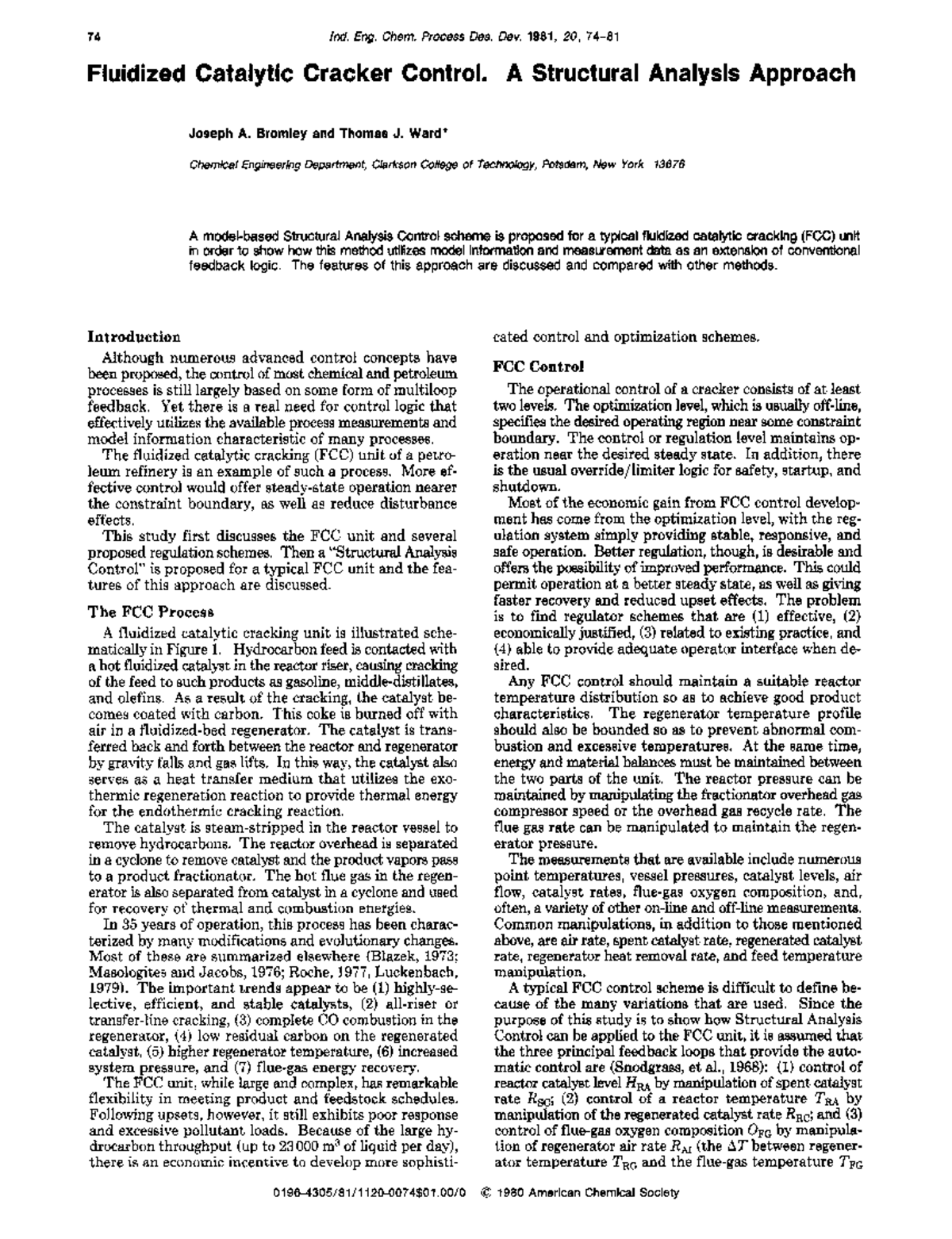 Fluidized catalytic cracker control - © 1980 American Chemical Society ...