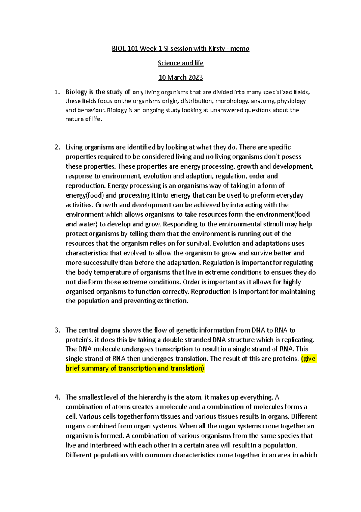 Science and life memo - SI memo for Thurday sessions - BIOL 101 Week 1 ...