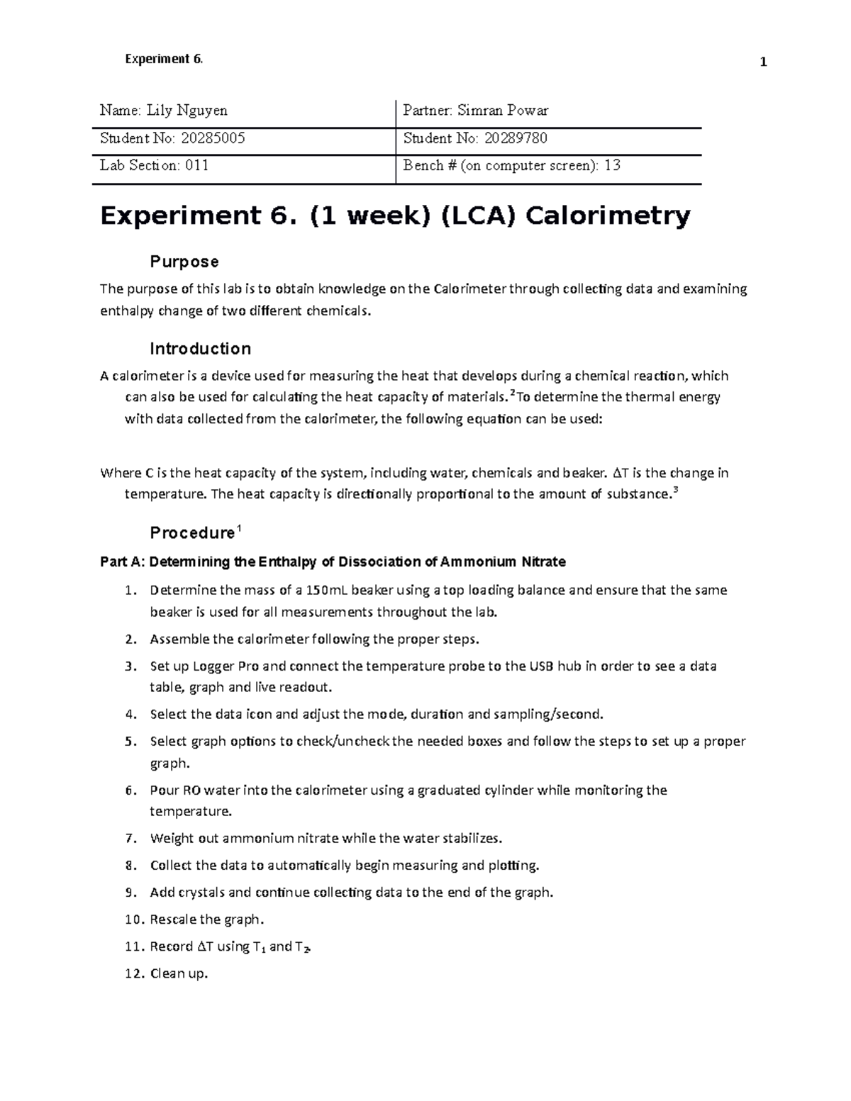 Calorimetry Lab Report - Experiment 6. Name: Lily Nguyen Partner ...