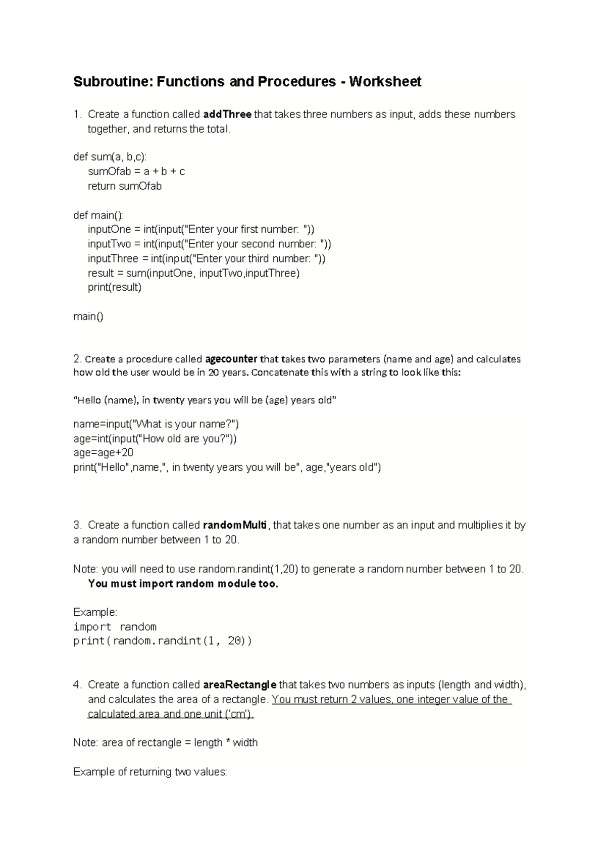 Functions and Procedures Worksheet - Subroutine: Functions and Procedures - Worksheet Create a ...
