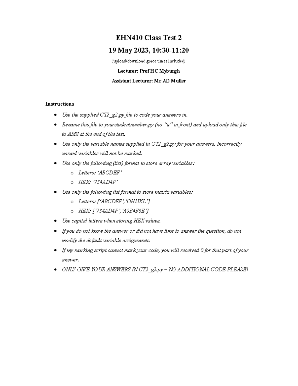 CLASS TEST 2: 2022 - EHN410 Class Test 2 19 May 2023, 10:30-11: (upload ...