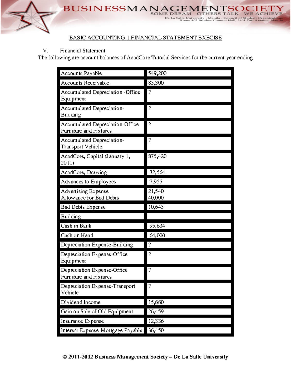 ACTBAS1 Financial Statement Exercise - © 2011-2012 Business Management ...