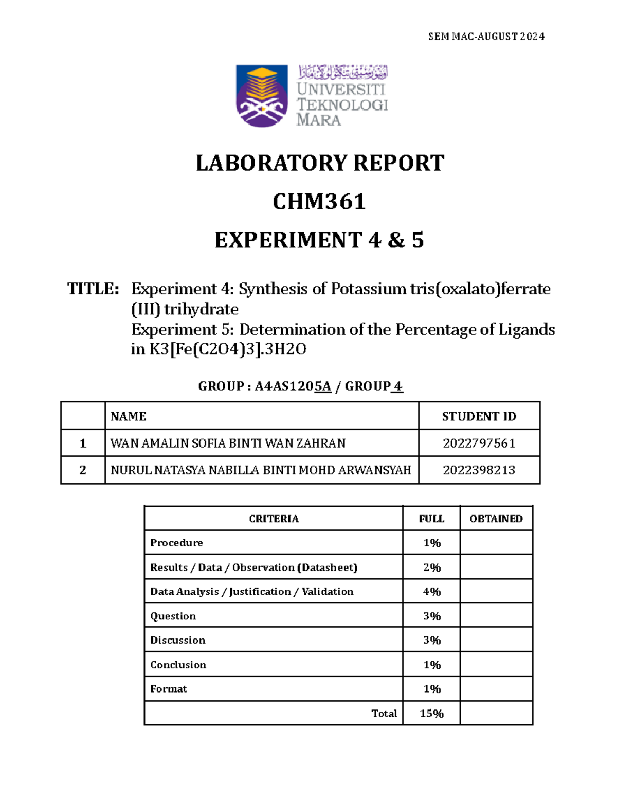 Exp 4&5 chm361 lab report - LABORATORY REPORT CHM EXPERIMENT 4 & 5 ...