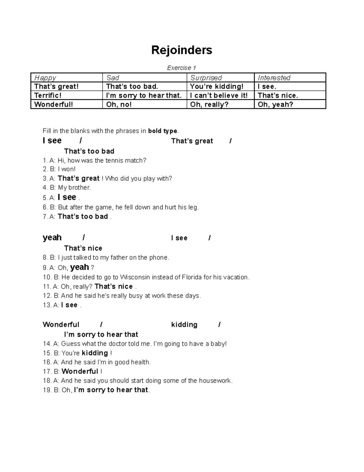 Rejoinders - Practice for middle term exam - Rejoinders Exercise 1 ...