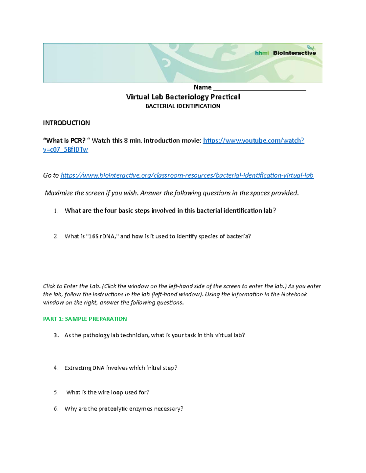 Bacterial ID Lab Pract. Sp21 - Name __________________________ Virtual ...