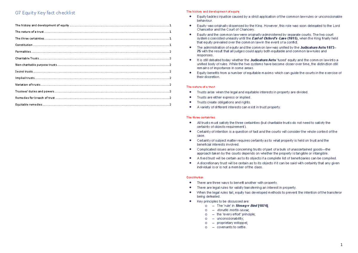 Equity key facts checklist - 1 07 Equity Key fact checklist The history ...