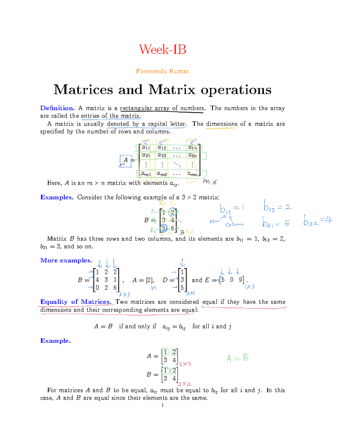 Week1B - Unit 1 B notes - Week-IB Poornendu Kumar Matrices and Matrix ...