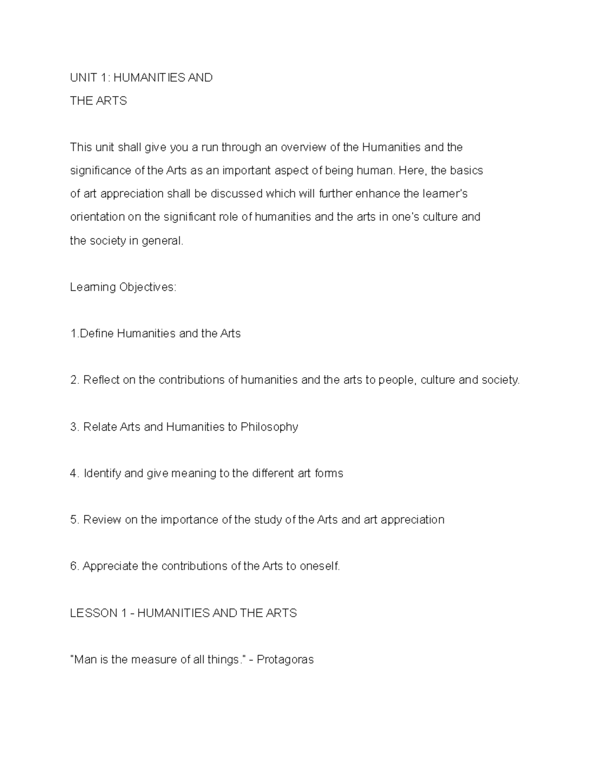 Humanities AND THE ARTS - UNIT 1: HUMANITIES AND THE ARTS This unit ...