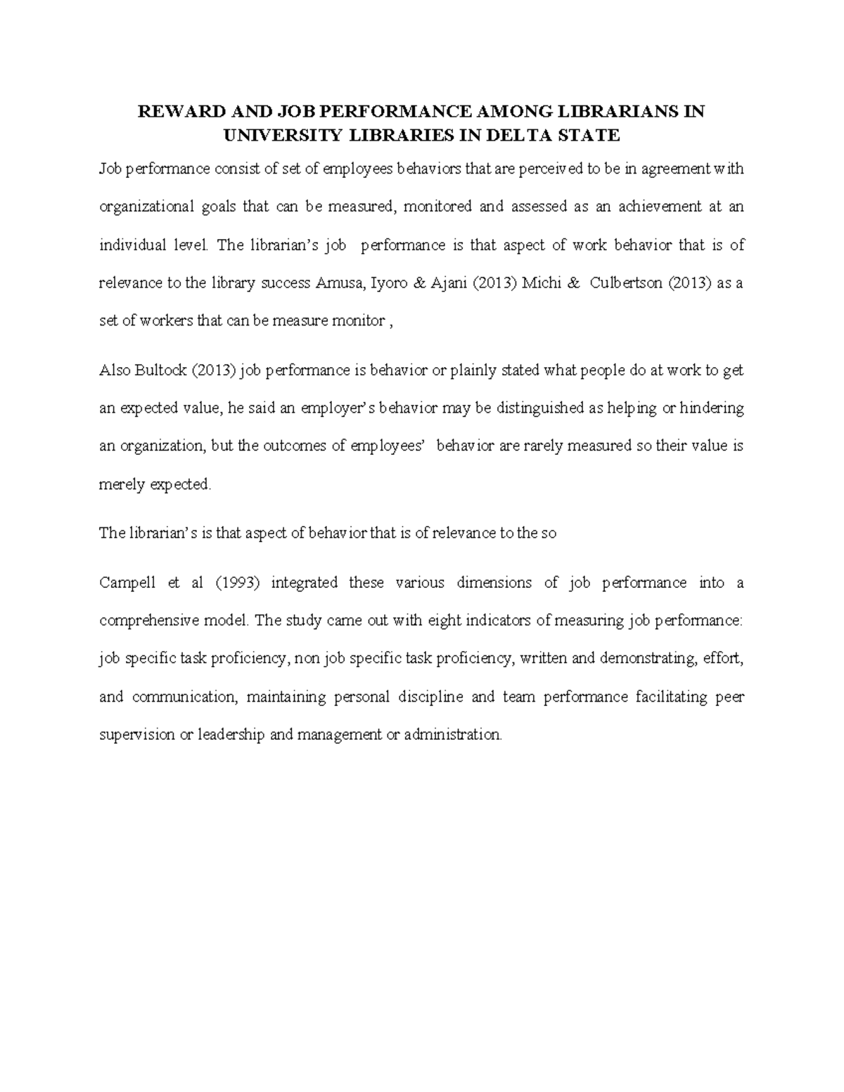 Reward and job performance among librarians in university libraries in ...