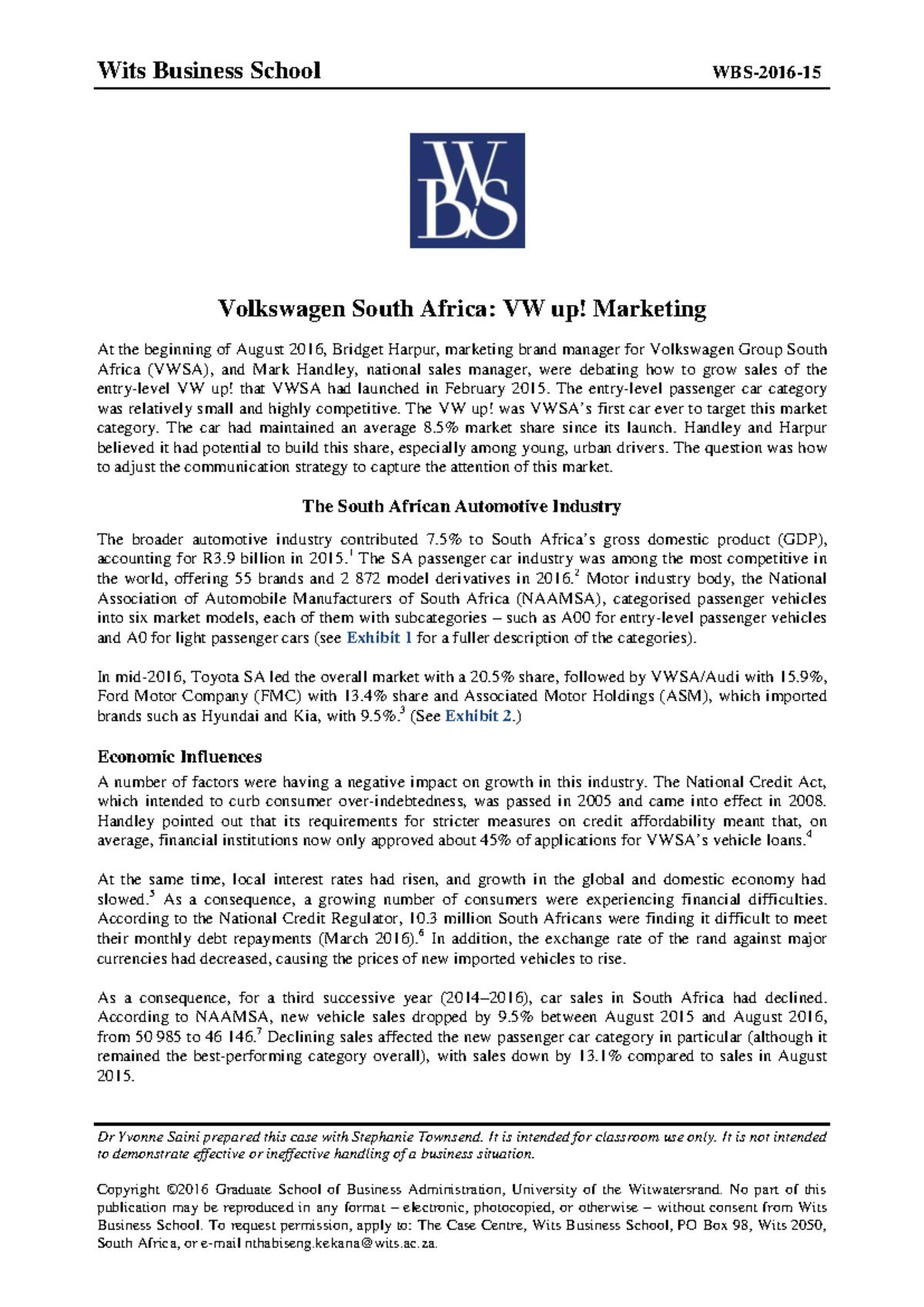 BUSA5263A Case Study 6 May 2024 Volkswagen South Africa. VW Up. Marketing. WBS 2016 15 - Wits ...