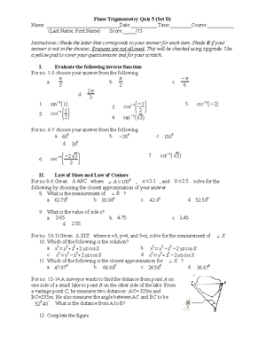PT midterms - Plane Trigonometry - Plane Trigonometry Midterms ( Set A ...