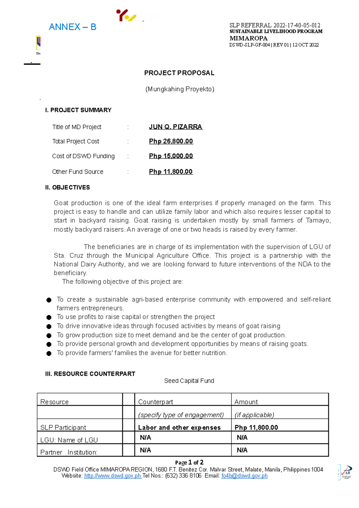 DSWD-SLP-GF-004 REV 01 Mungkahing Proyekto Pizarra - ANNEX – B PROJECT ...