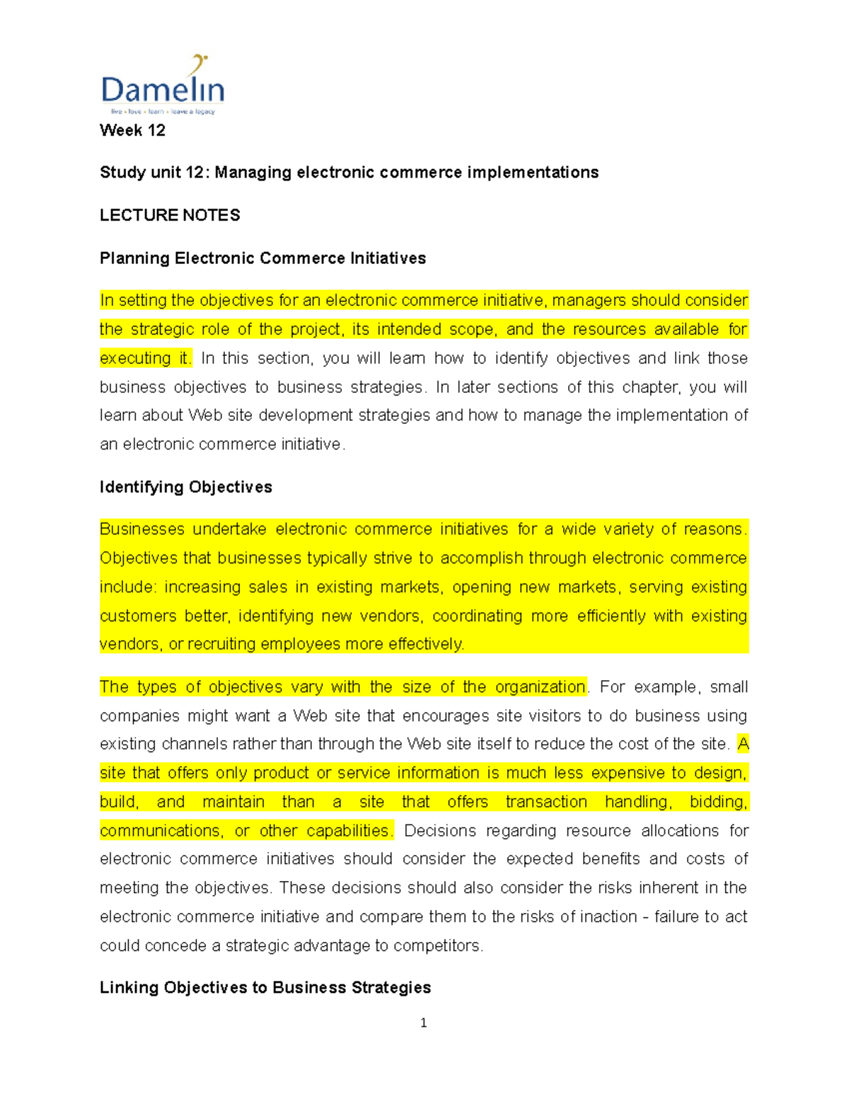 Lecture notes - Week 12 Study unit 12: Managing electronic commerce ...