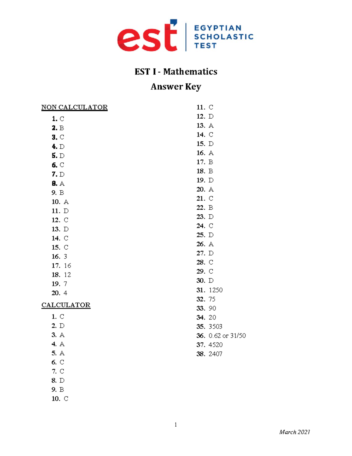 Answer Key August 21 El Kably - 1 March 2021 EST I ‐ Mathematics Answer ...