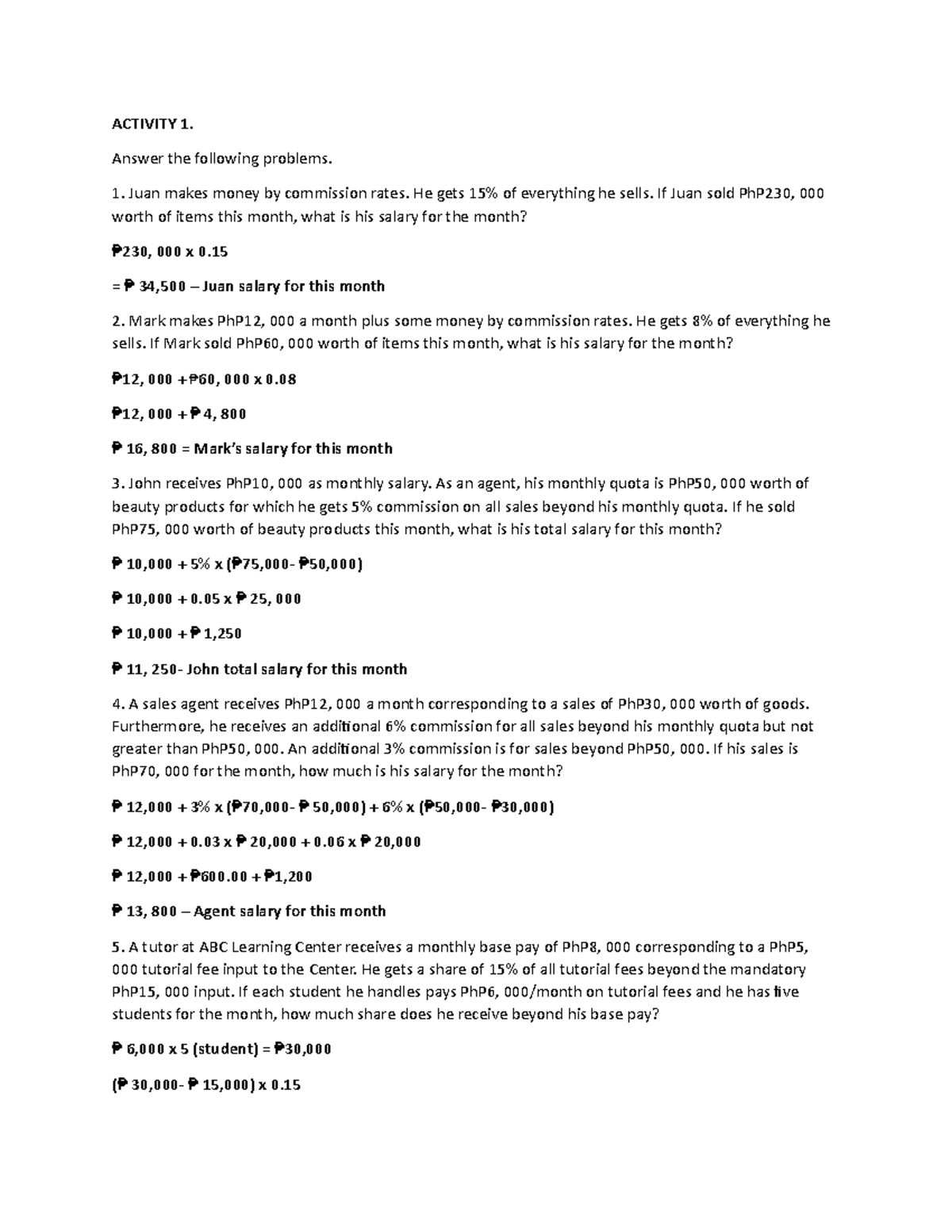 Activity 1 business math - ACTIVITY 1. Answer the following problems ...