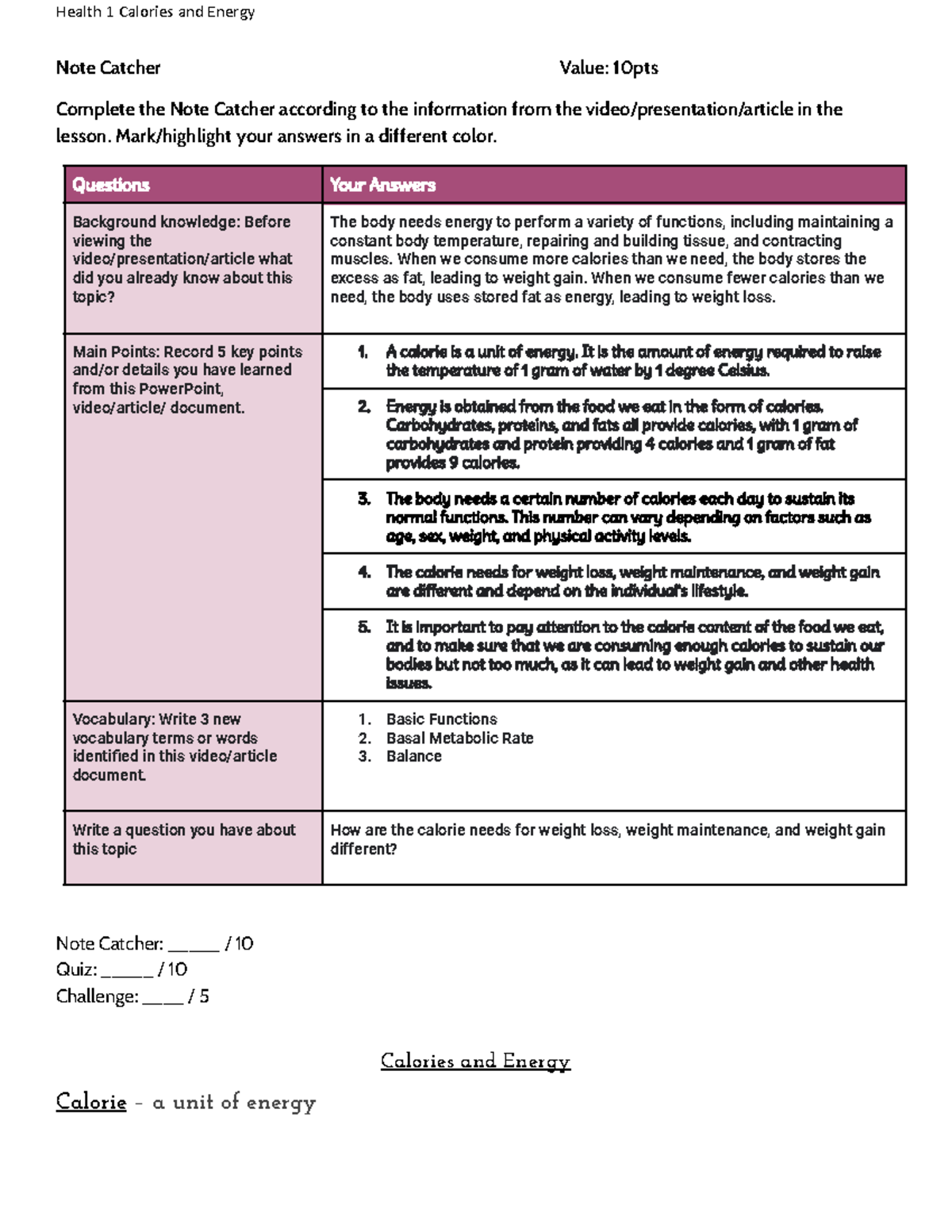 Health 1 Calories and Energy - Note Catcher Value: 10pts Complete the ...