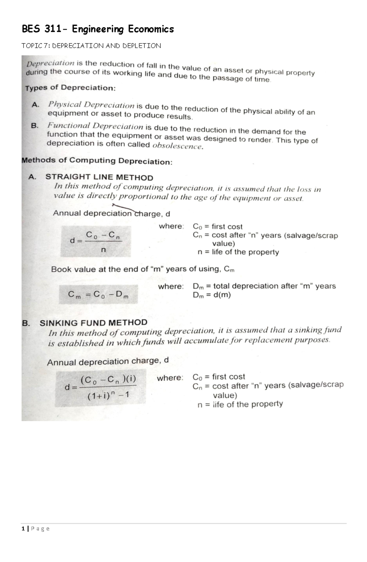 BES 311 PART I Prefinal Module - BES 311- Engineering Economics TOPIC 7: DEPRECIATION AND ...