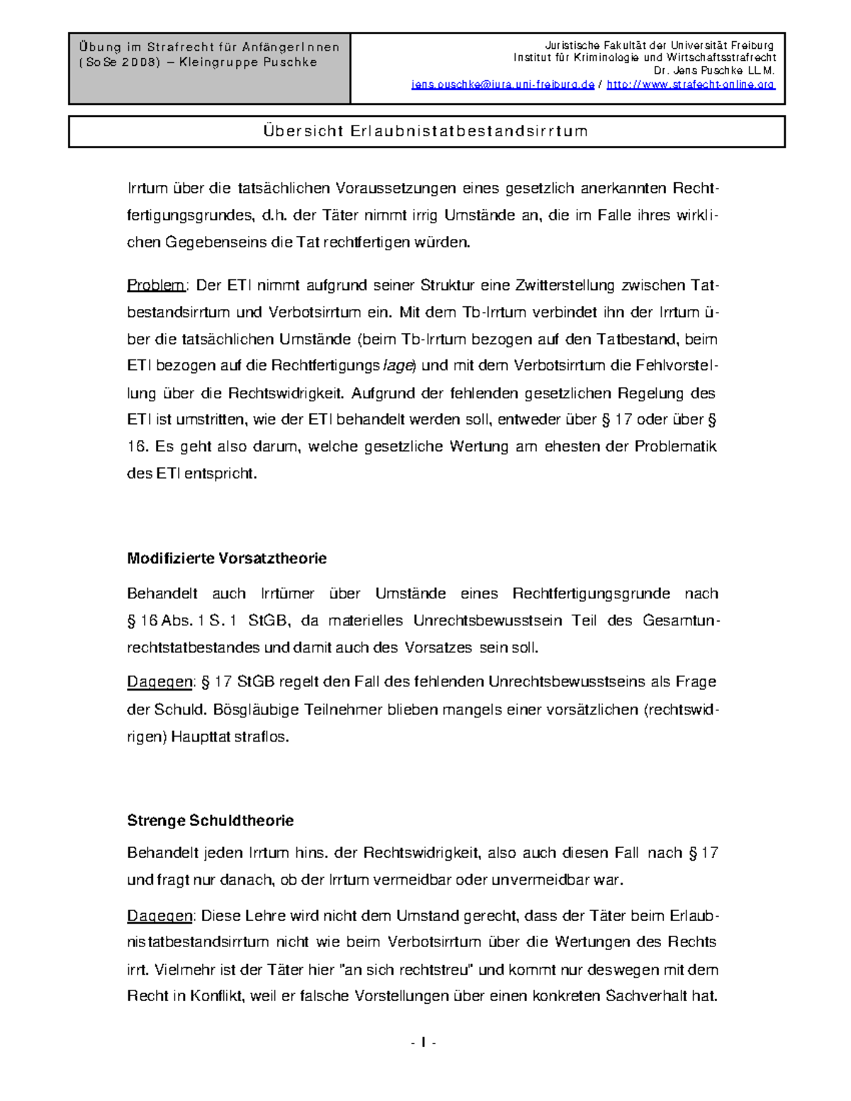 Übersicht Erlaubnistatbestandsirrtum - 1 - Irrtum über die ...