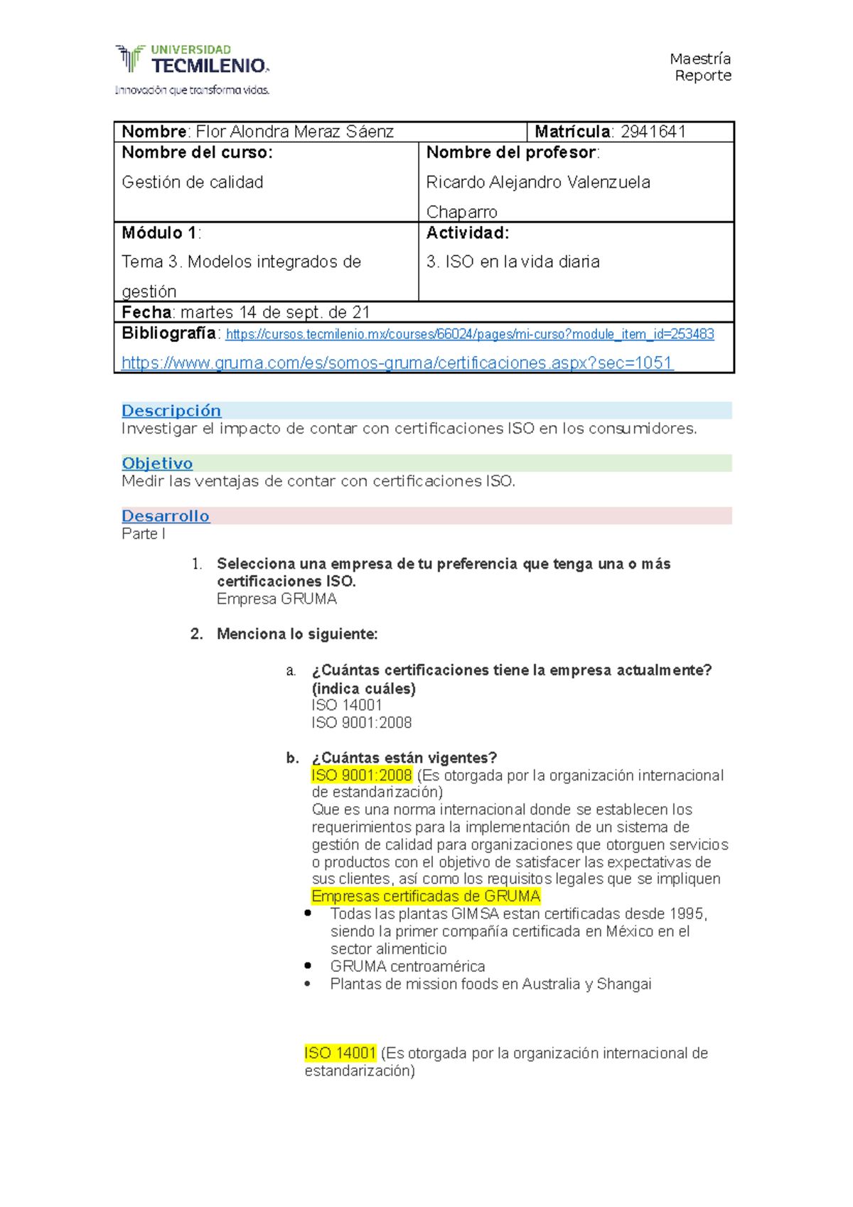 Actividad NUMERO 2 GESTION DE CALIDAD - Reporte Nombre : Flor Alondra ...