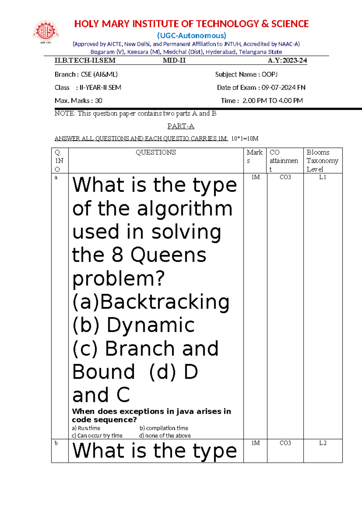 Java qp - fff - HOLY MARY INSTITUTE OF TECHNOLOGY & SCIENCE (UGC-Autonomous) (Approved by AICTE ...