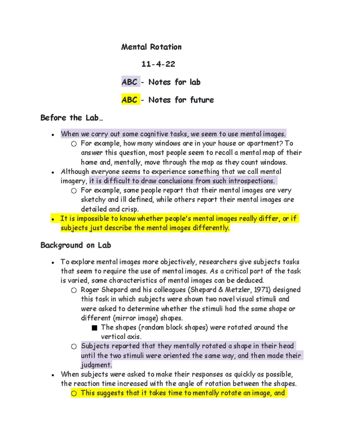 Mental Rotation- Lab notes - Mental Rotation 11-4- ABC - Notes for lab ...