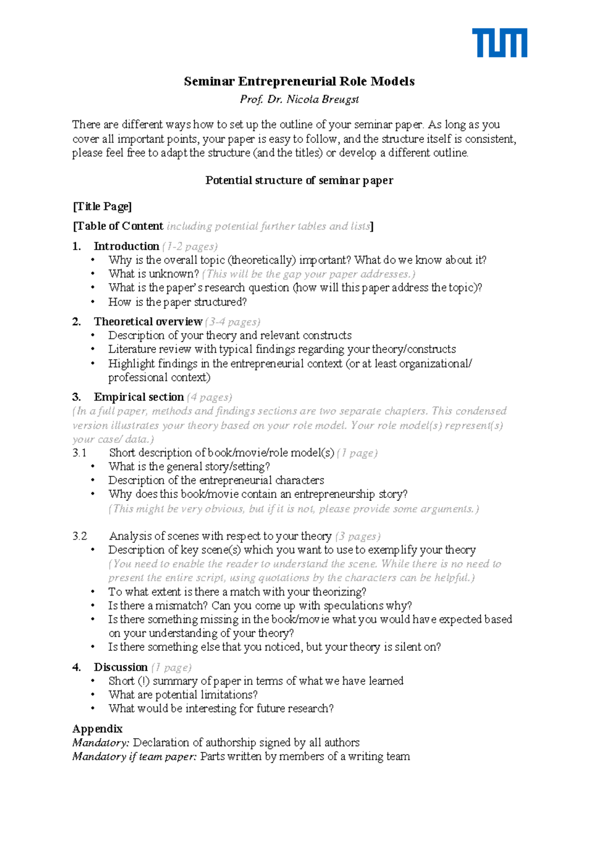 Example of outline update - Seminar Entrepreneurial Role Models Prof ...