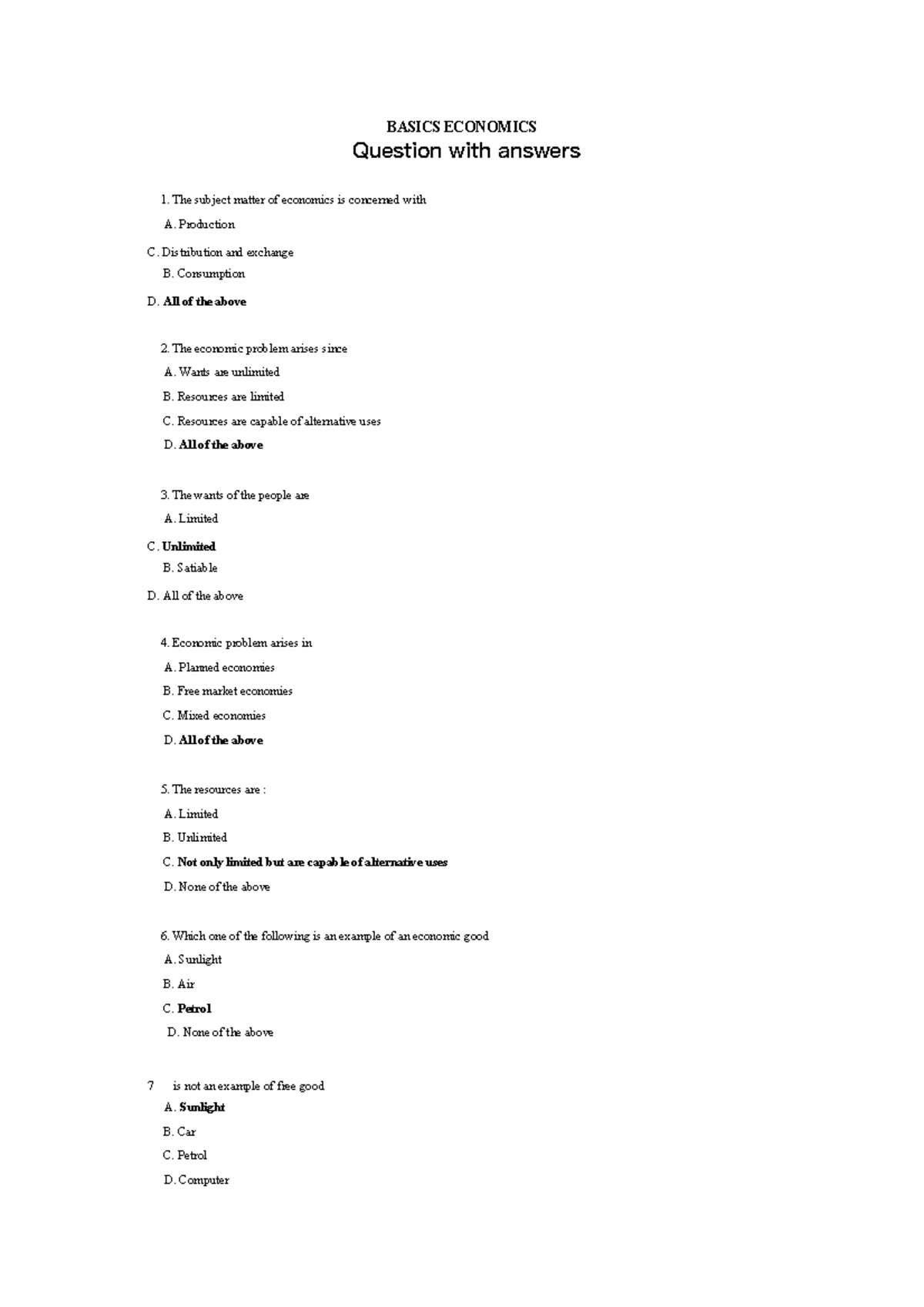 Basics Economic 200 mcq with ans - BASICS ECONOMICS Question with ...
