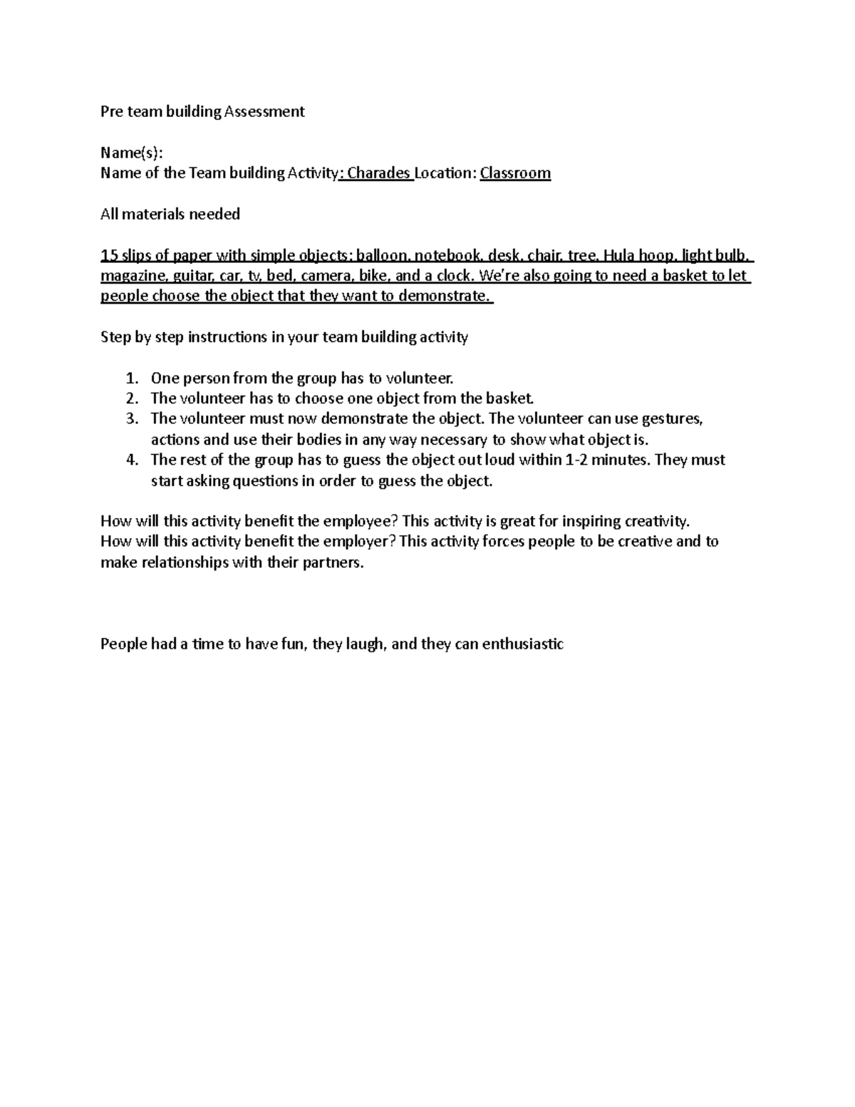 Pre team building Assessment - Pre team building Assessment Name(s ...