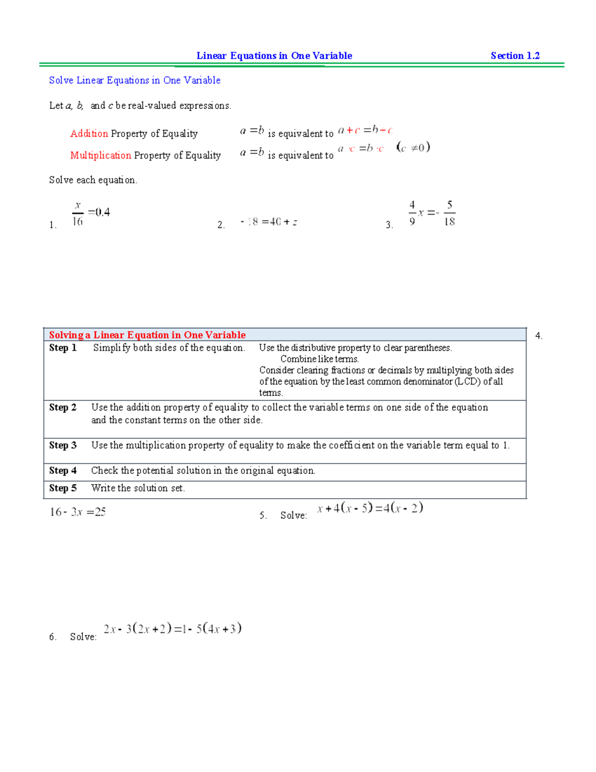 CACS LEC Sec 1.2 Lin Eqs One Variable - Linear Equations in One ...
