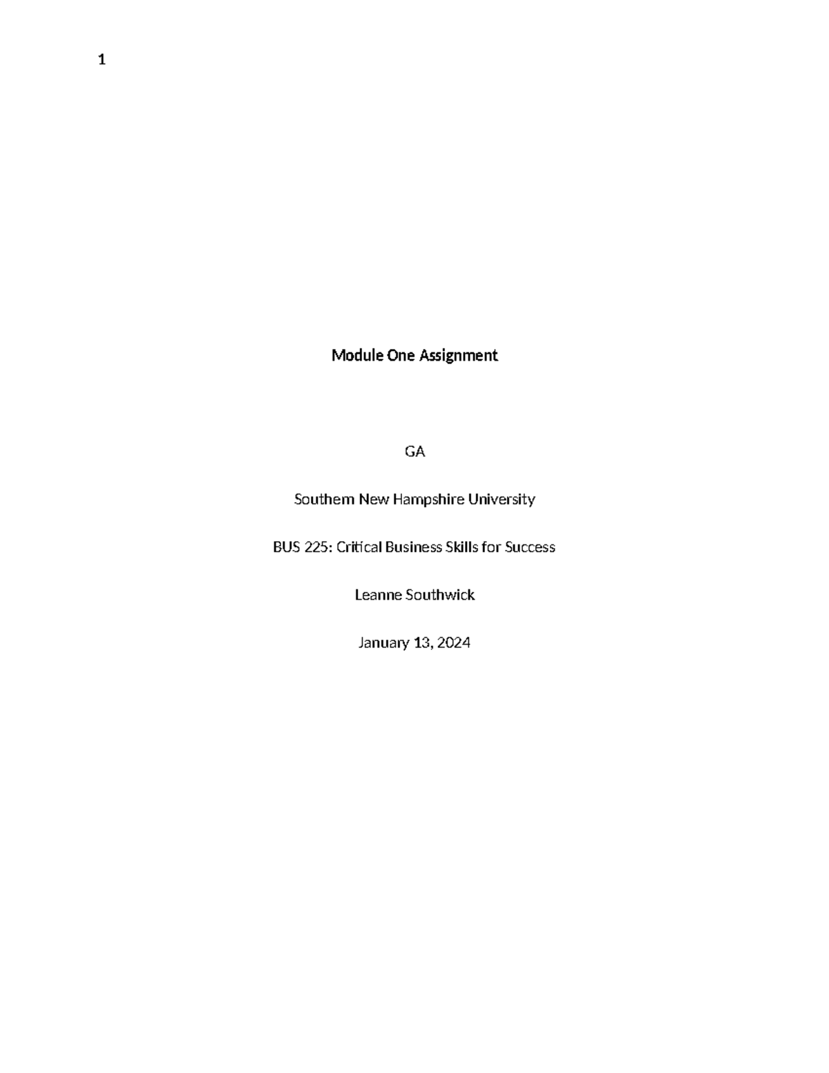 BUS225 Module One Assignment - Module One Assignment GA Southern New Hampshire University BUS ...