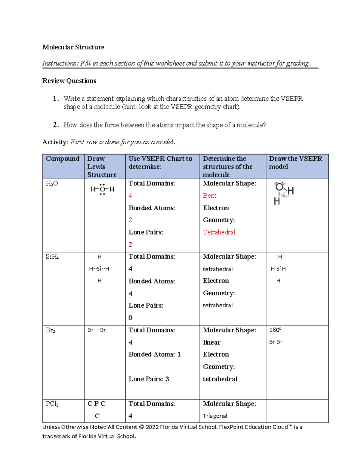 Molecular structure worksheet - Molecular Structure Instructions: Fill ...