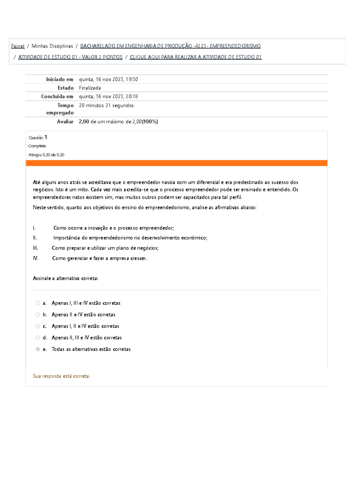 Atividade DE Estudo 01 finalizada 100% Erika - Iniciado em quinta, 16 ...