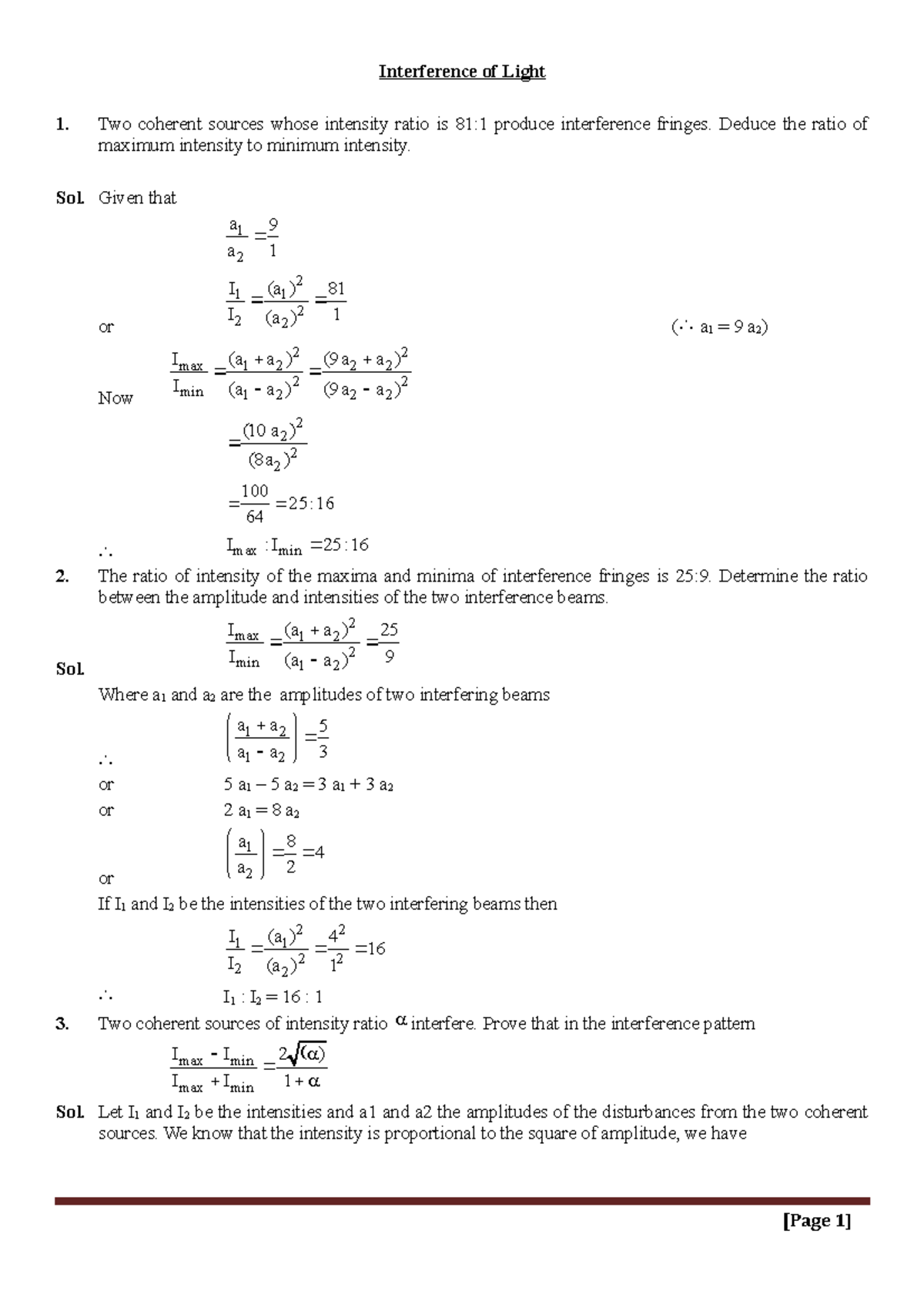 Interference 2 - Deduce the ratio of maximum intensity to minimum ...