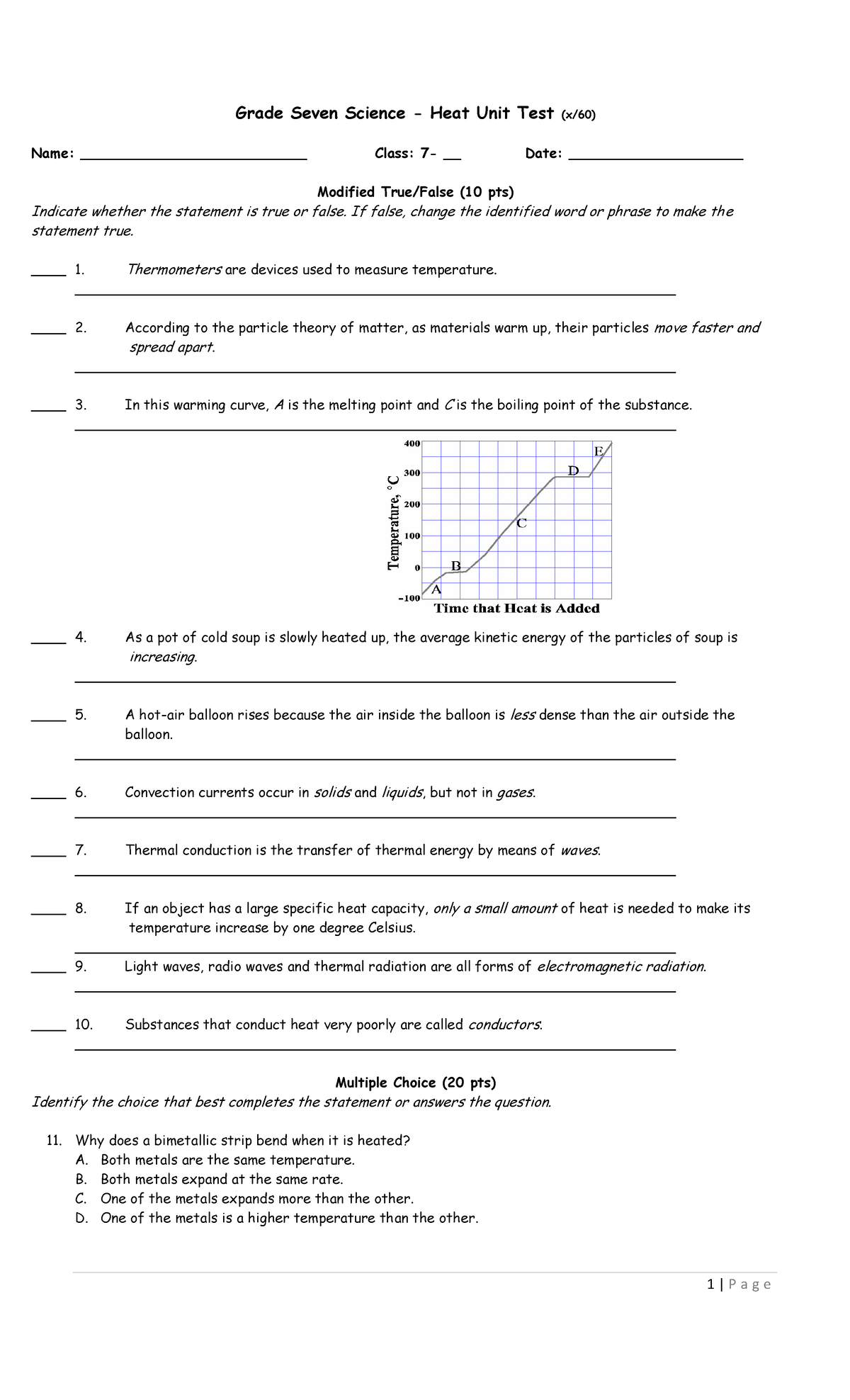 Heat unit test sample - Test - Grade Seven Science - Heat Unit Test (x ...