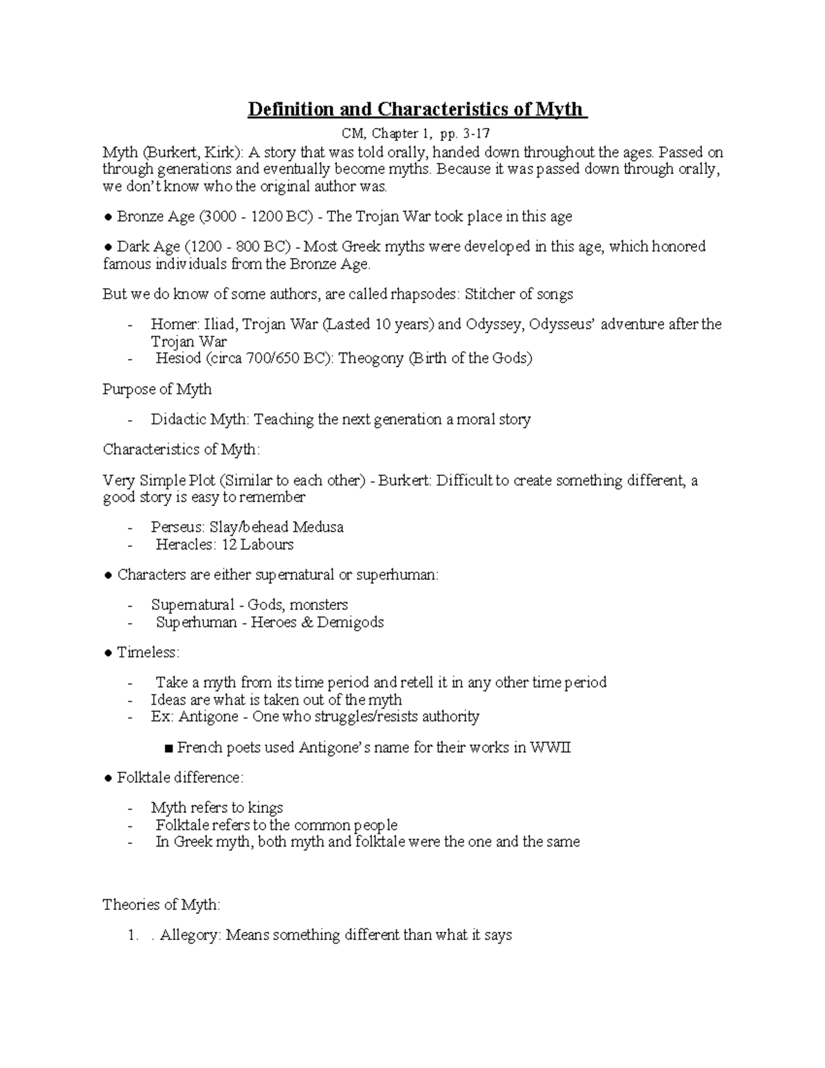 Clas 102~Chapter 1 - Lec notes - Definition and Characteristics of Myth ...