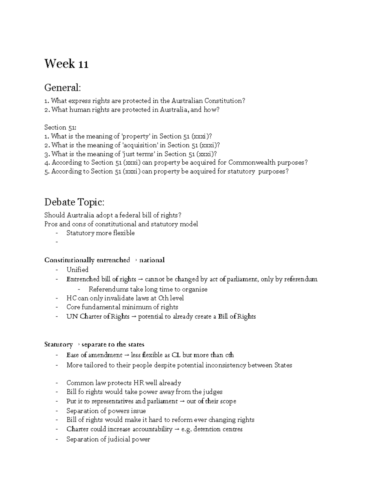 Week 11 TUTE - week 11 tutorial notes - Week 11 General: 1. What ...