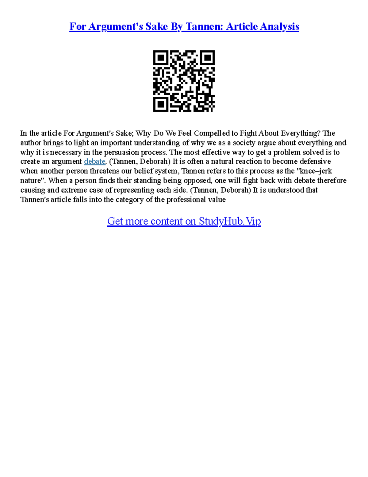 Essay Arguments - For Argument's Sake By Tannen: Article Analysis In the article For Argument's ...