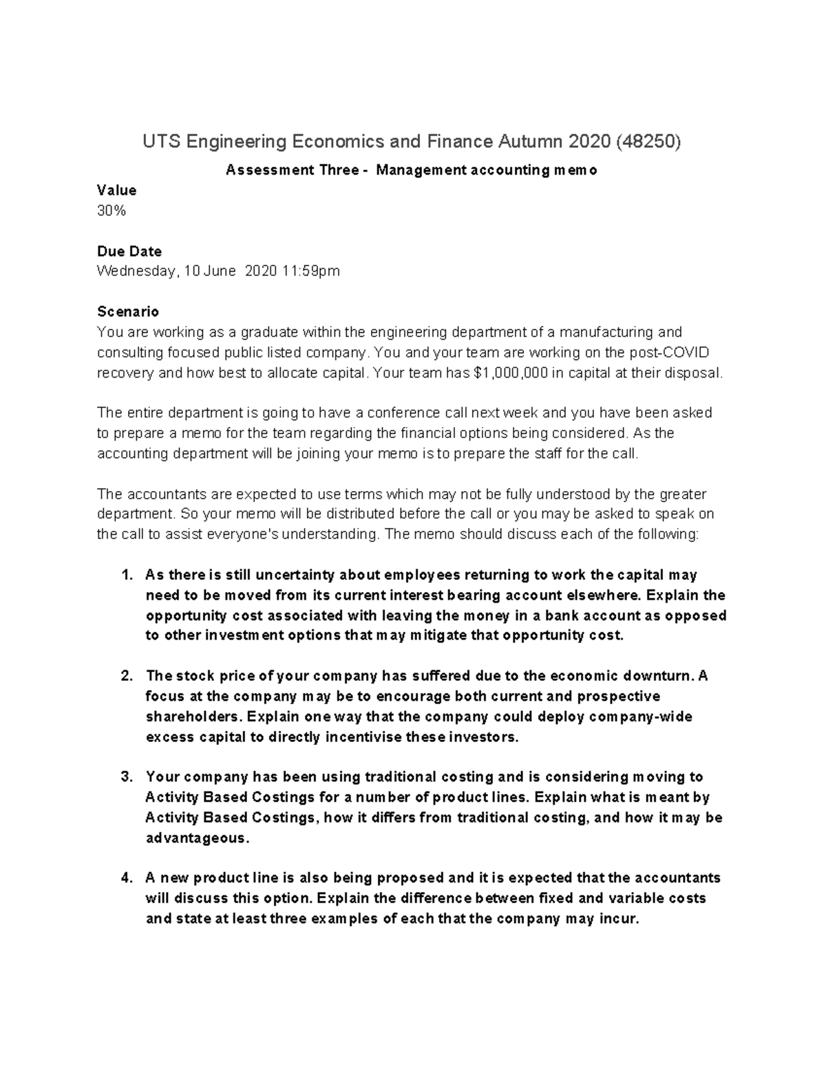 EEF Assessment Three - Take-home questionnaire - UTS Engineering ...