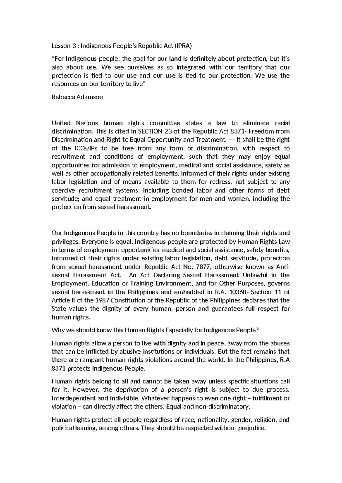 Lesson 3 IPRA Group 3 report - Lesson 3 : Indigenous People’s Republic ...