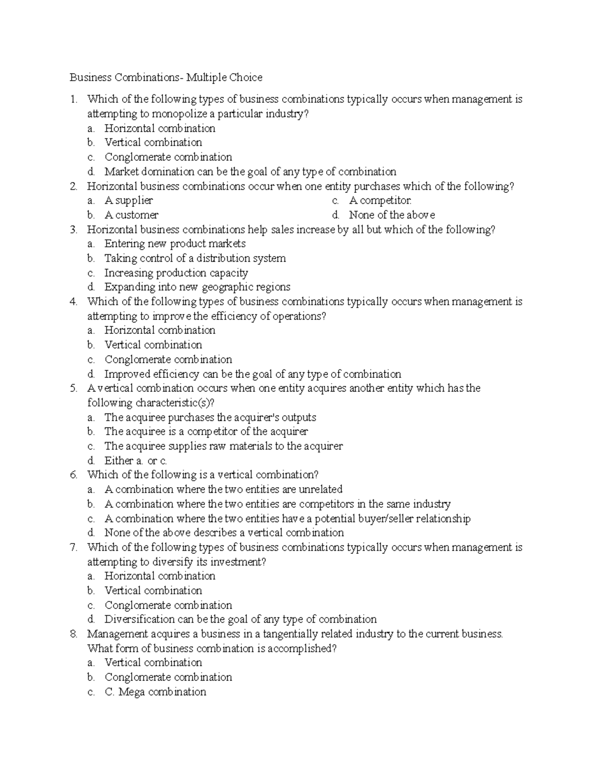 QUIZ Summer 2020, questions - Business Combinations- Multiple Choice ...