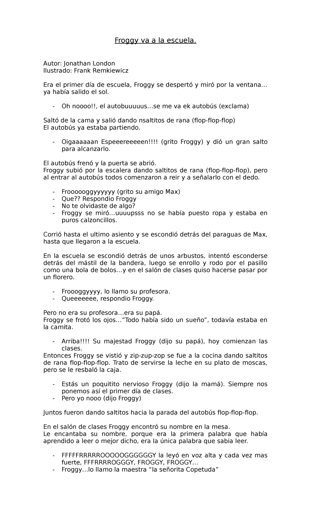 Froggy va a la escuela - Resumen Compresión Lectora - Froggy va a la ...