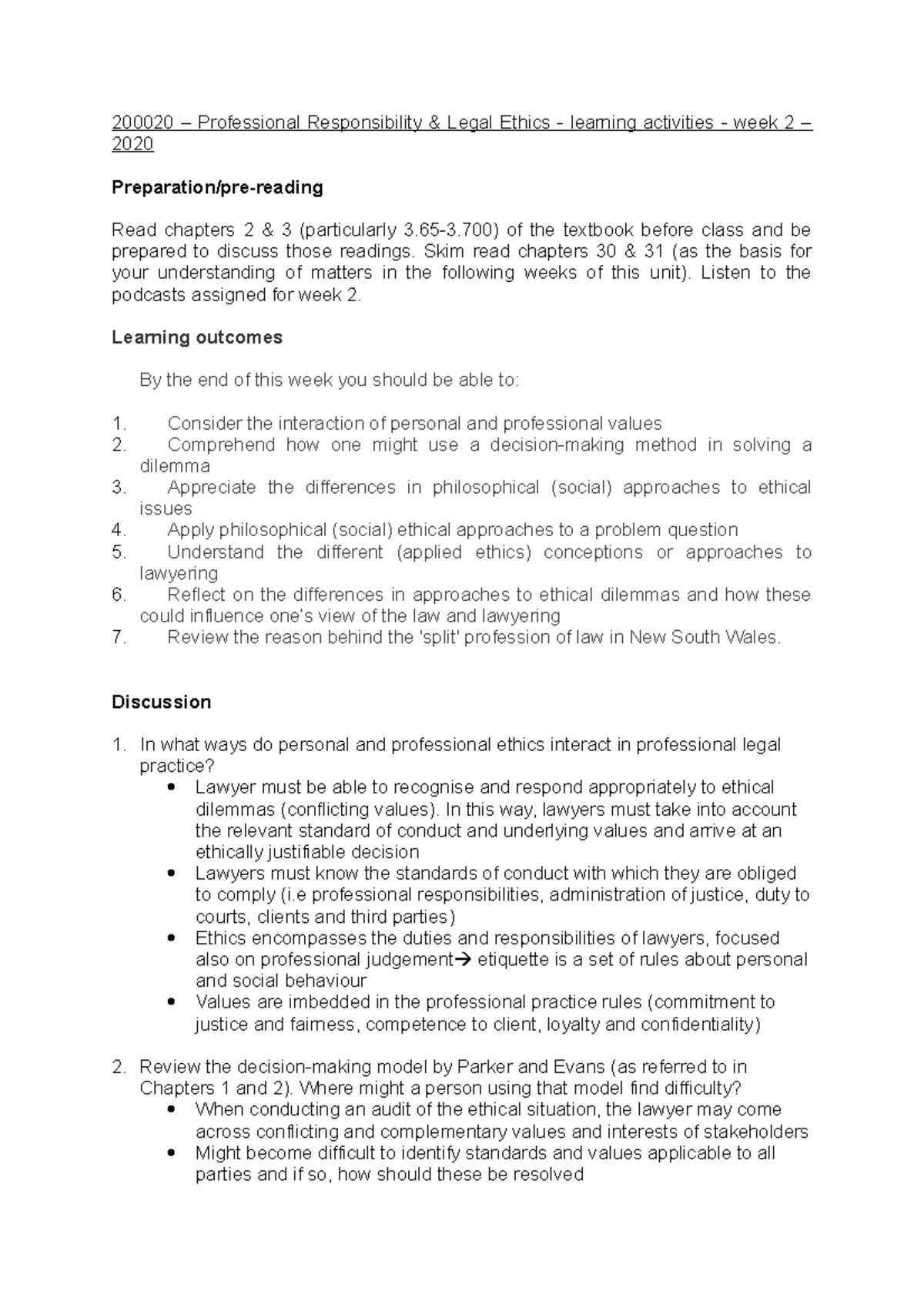 Week 2 learning activities - 200020 – Professional Responsibility ...