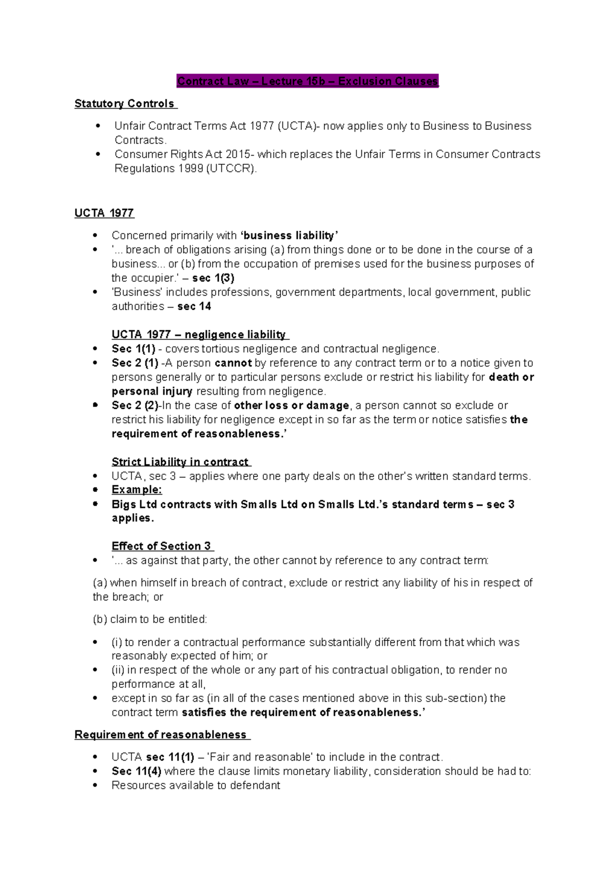 Contract - 15 b - lecture 15b - Contract Law – Lecture 15b – Exclusion ...