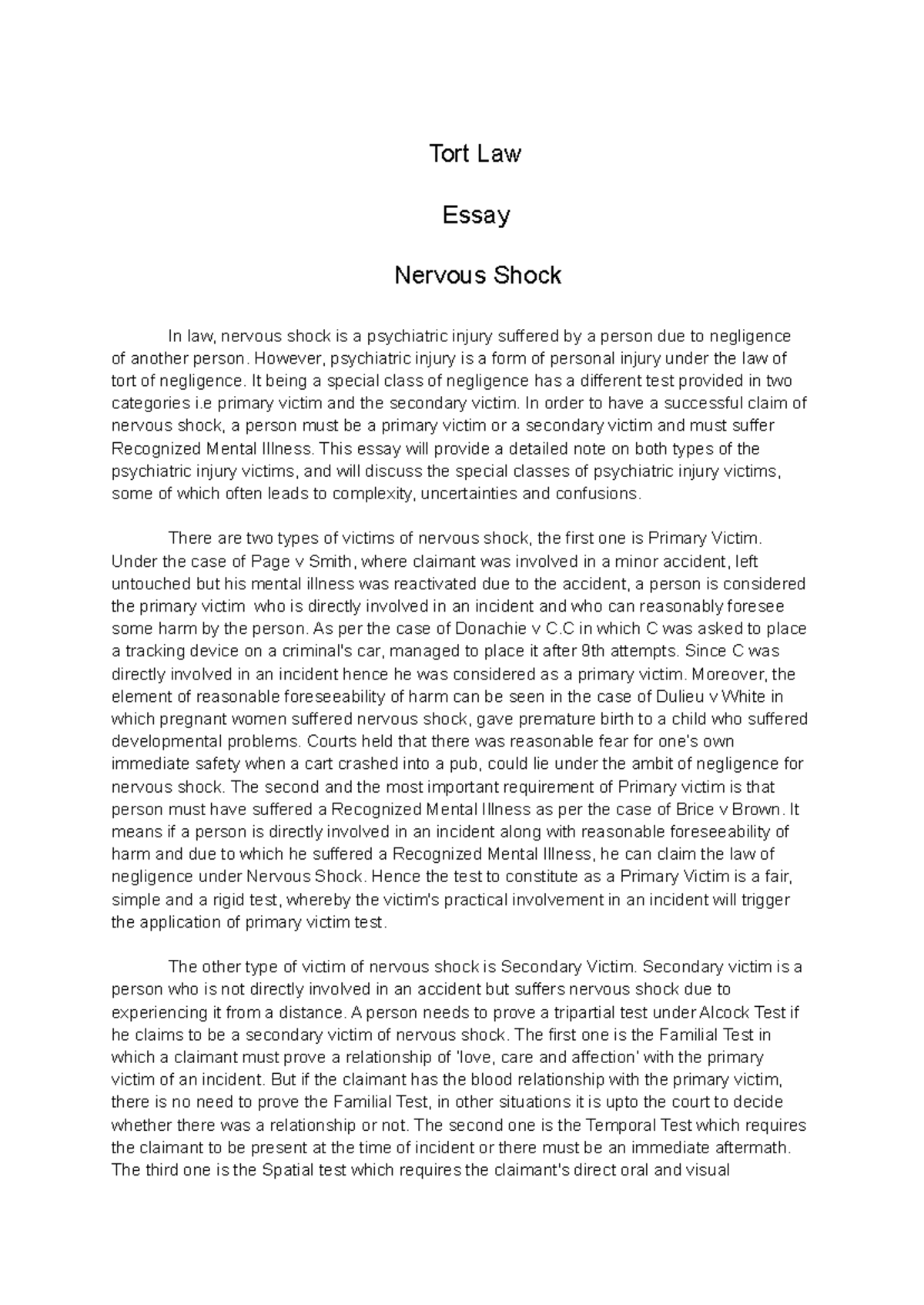 Tort Law Nervous Shock - useful - Tort Law Essay Nervous Shock In law ...