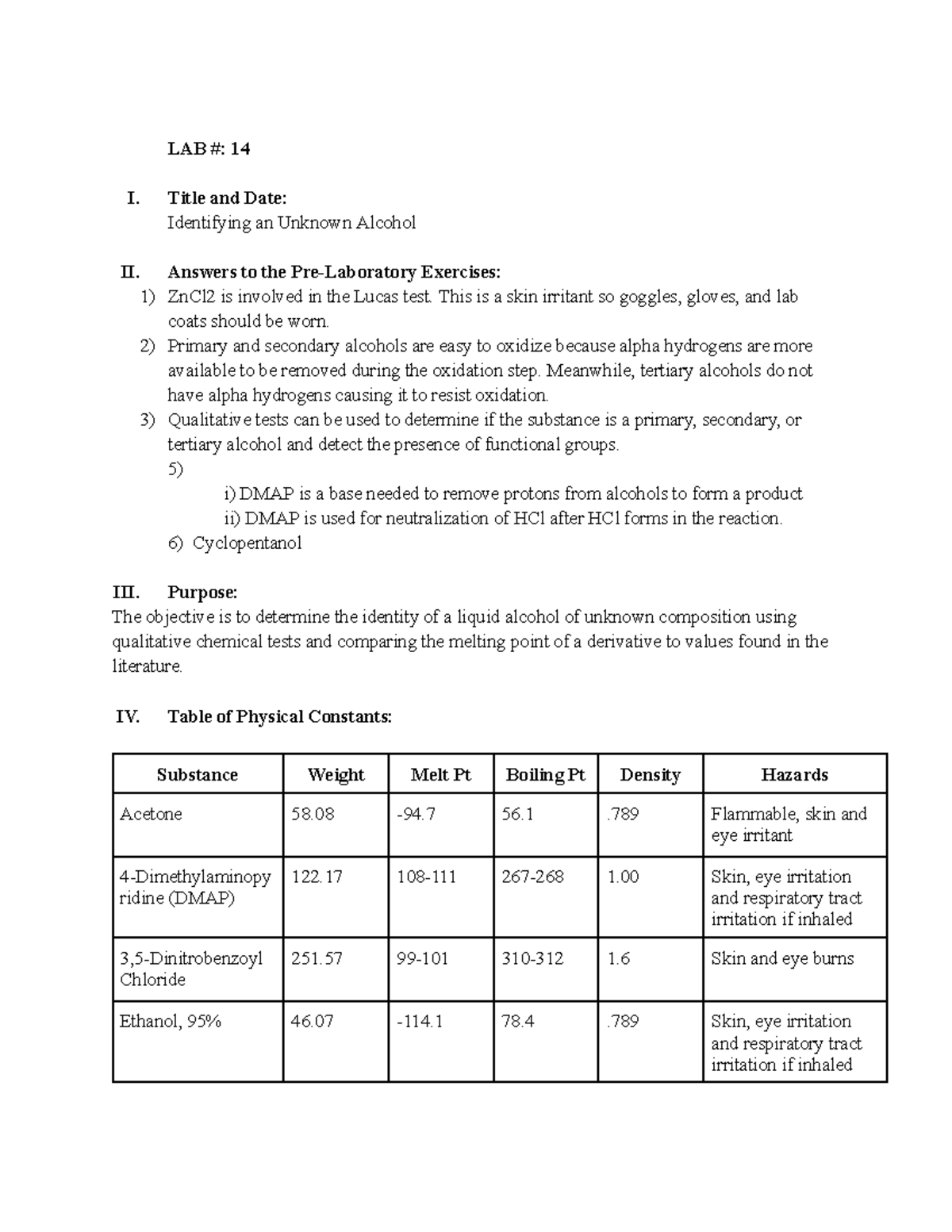 Prelab For Organic Chemistry Lab Lab 14 I Title And Date Identifying An Unknown Alcohol 