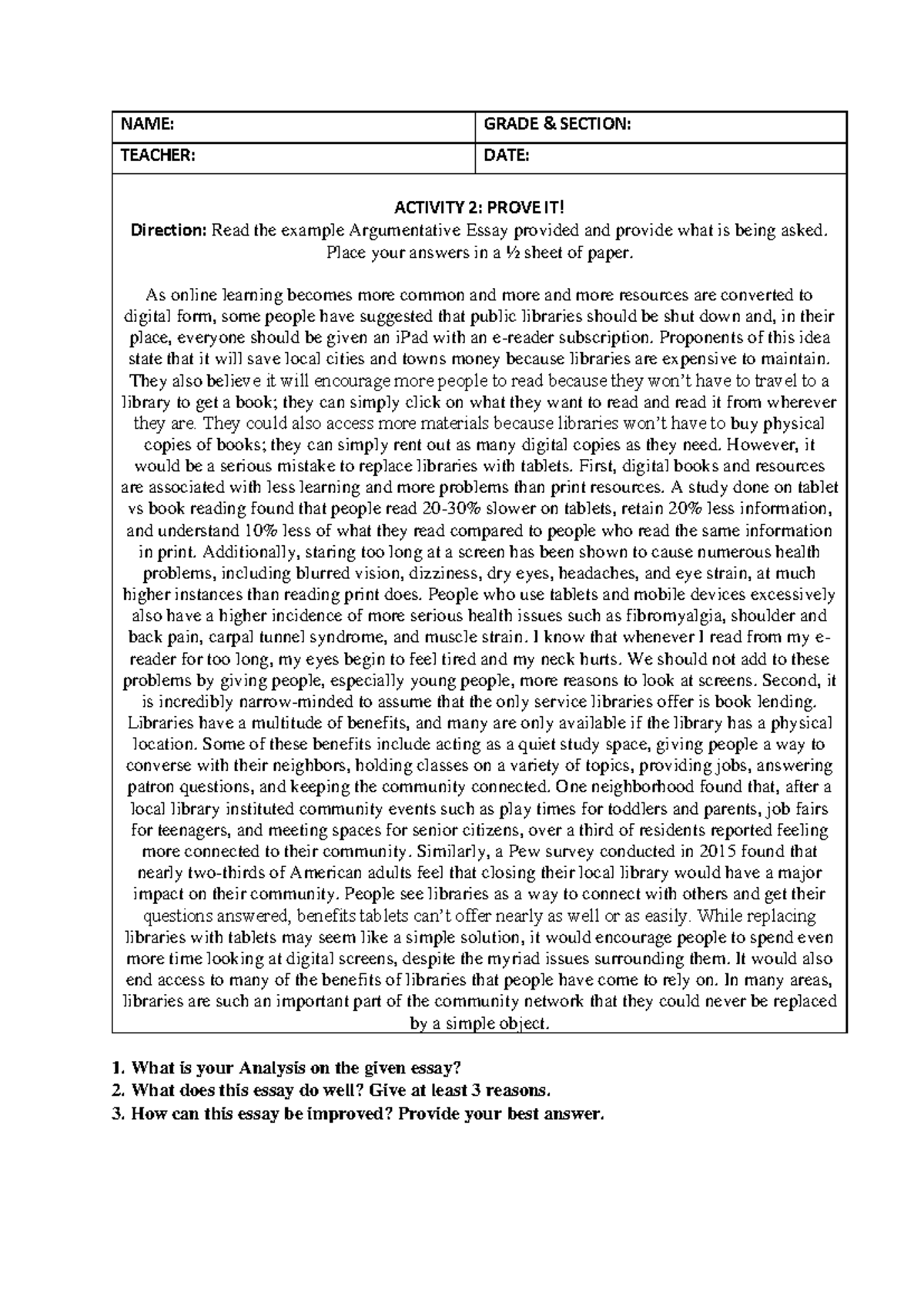 Critique a Literary Selection - NAME: GRADE & SECTION: TEACHER: DATE ...