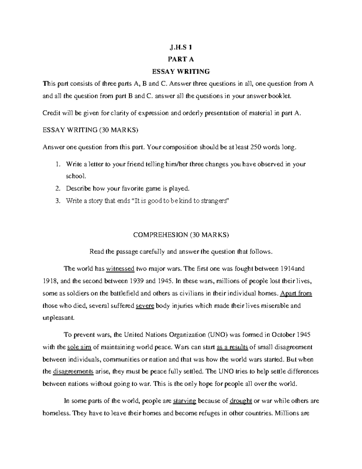 English - J.H 1 PART A ESSAY WRITING This part consists of three parts ...