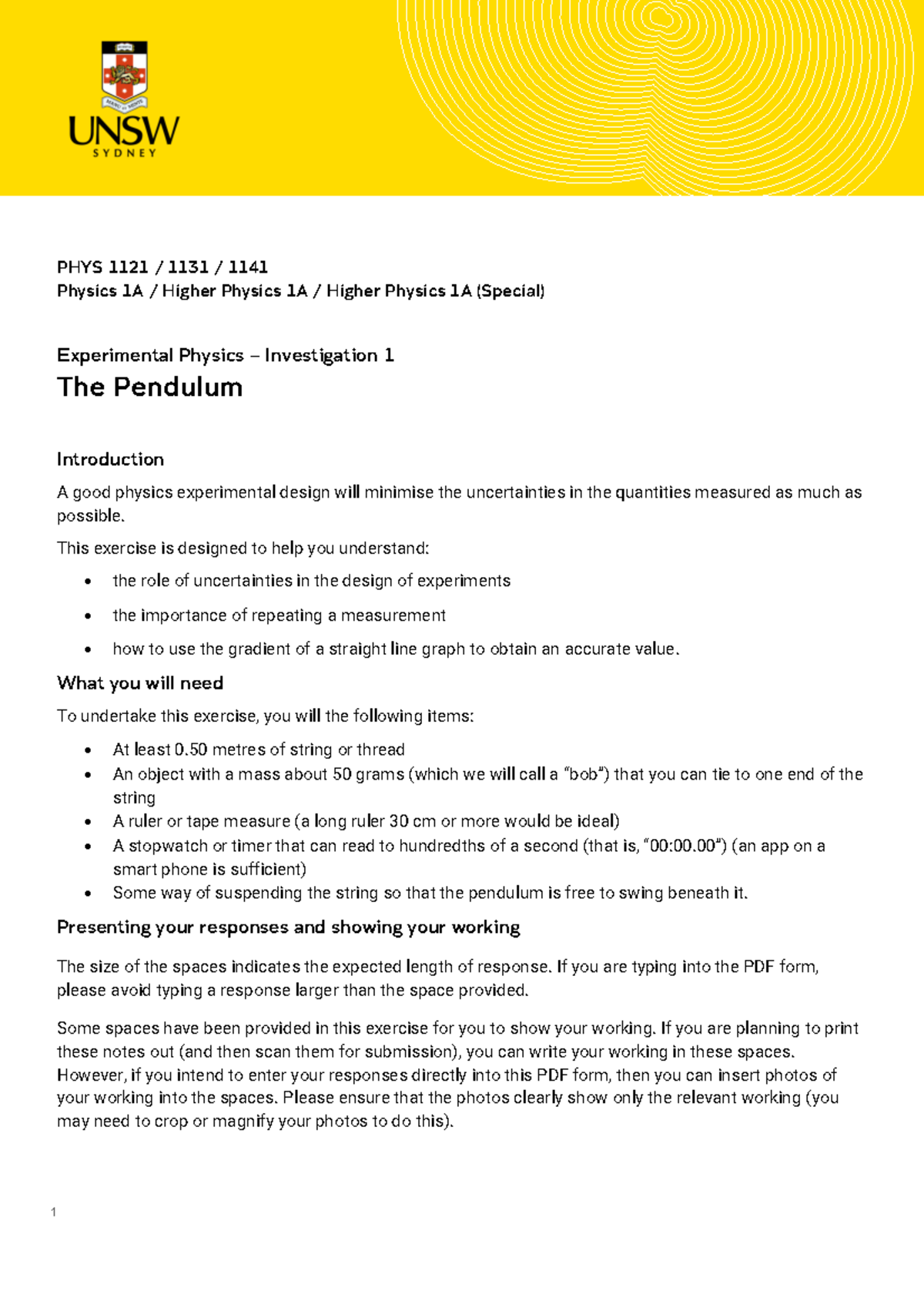 Pendulum Prac T1 UNSW Phys 1121 Full Prac - ####### PHYS 1121 / 1131 ...